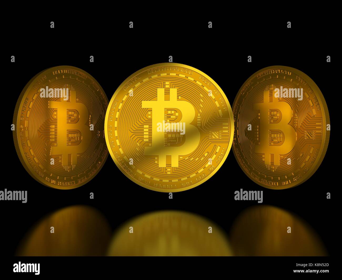 golden bitcoin tokens on black background with reflection Stock Photo ...
