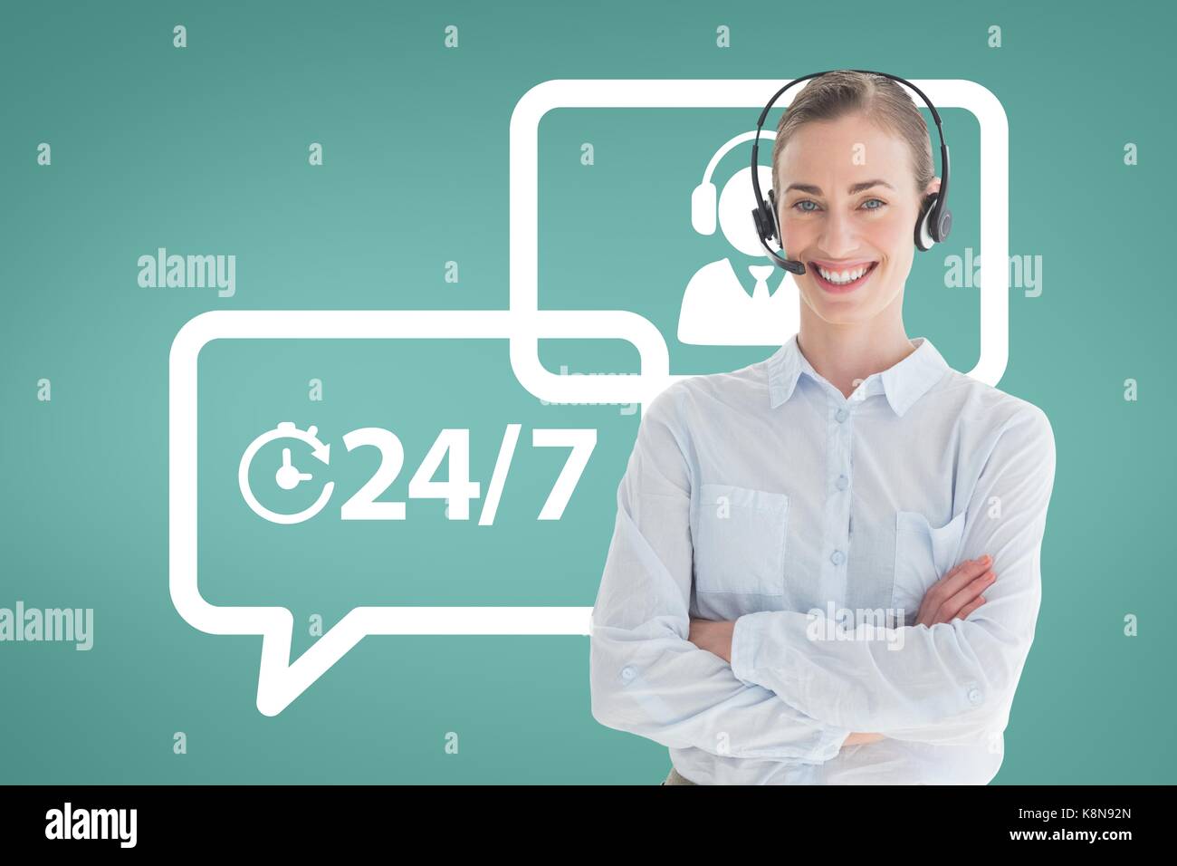 Digital composite of Happy customer care assistant woman against ...