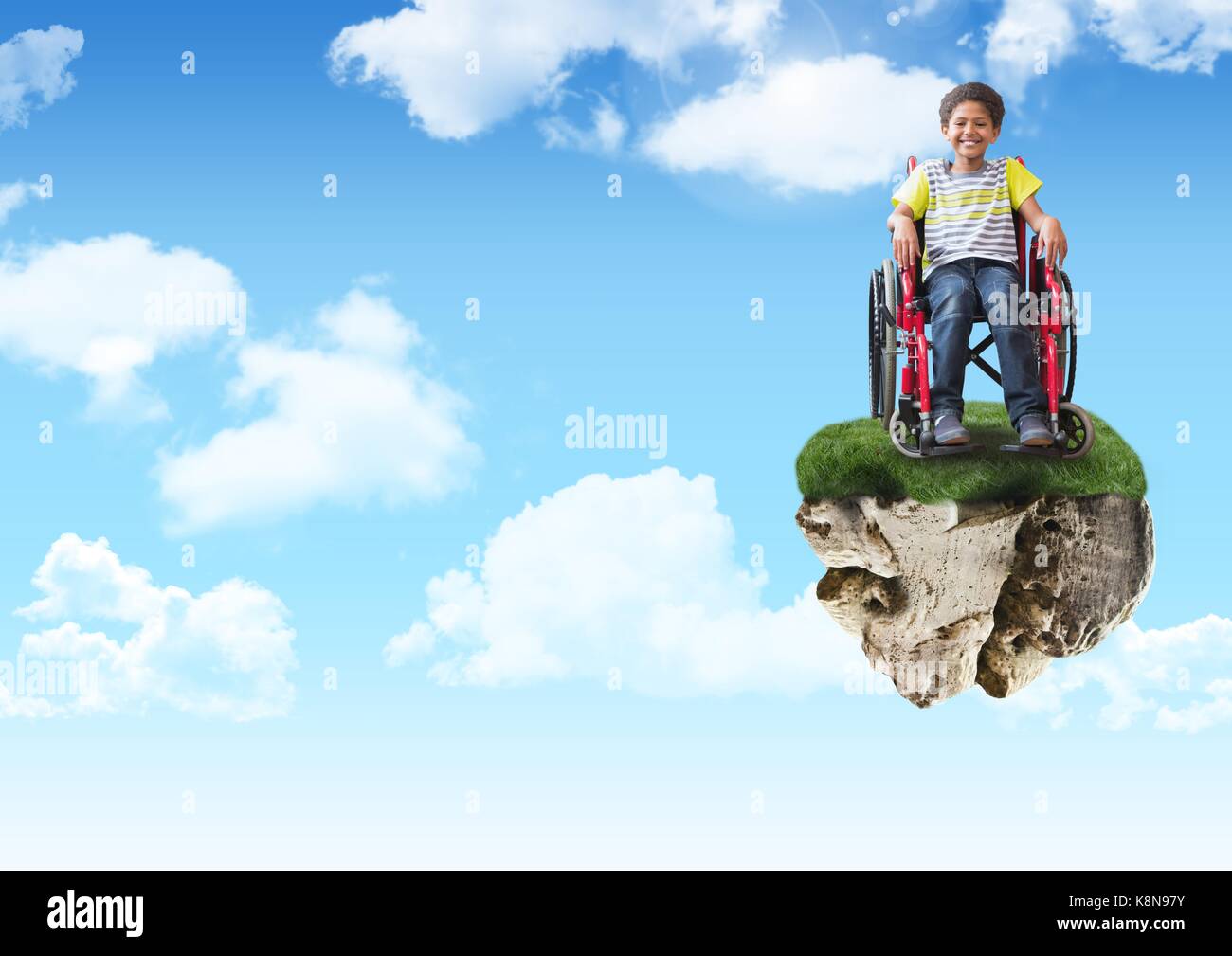 Digital composite of Young boy on floating rock platform in sky in ...