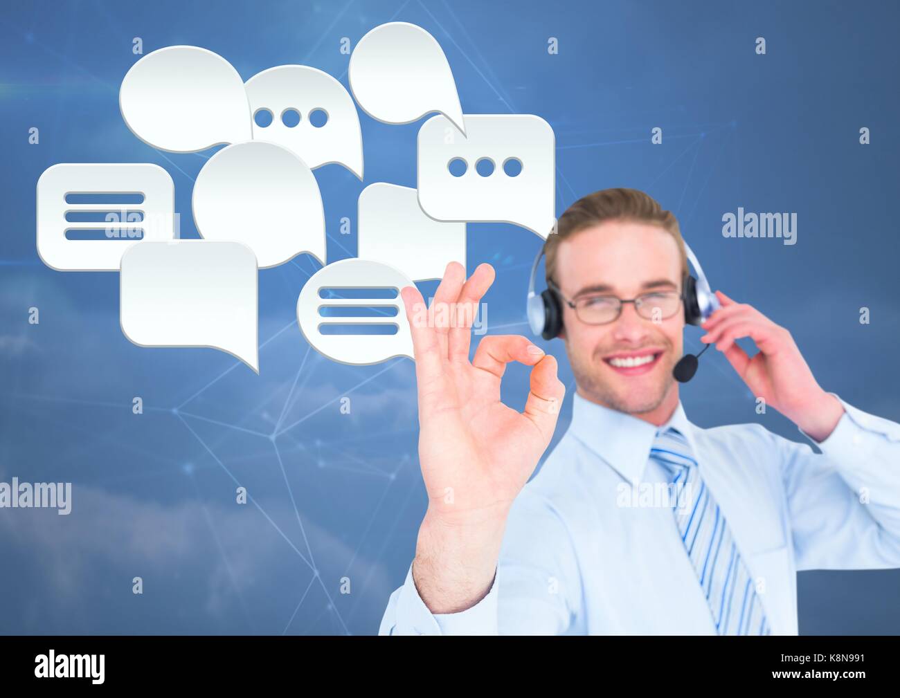 Digital composite of Customer care service man with chat bubbles Stock ...