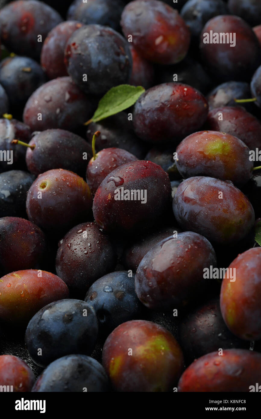 Blue plums food background, fruits closeup Stock Photo - Alamy