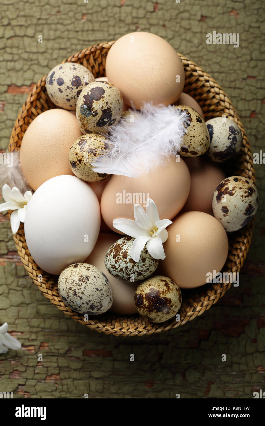 Easter basket with eggs top view, above Stock Photo - Alamy