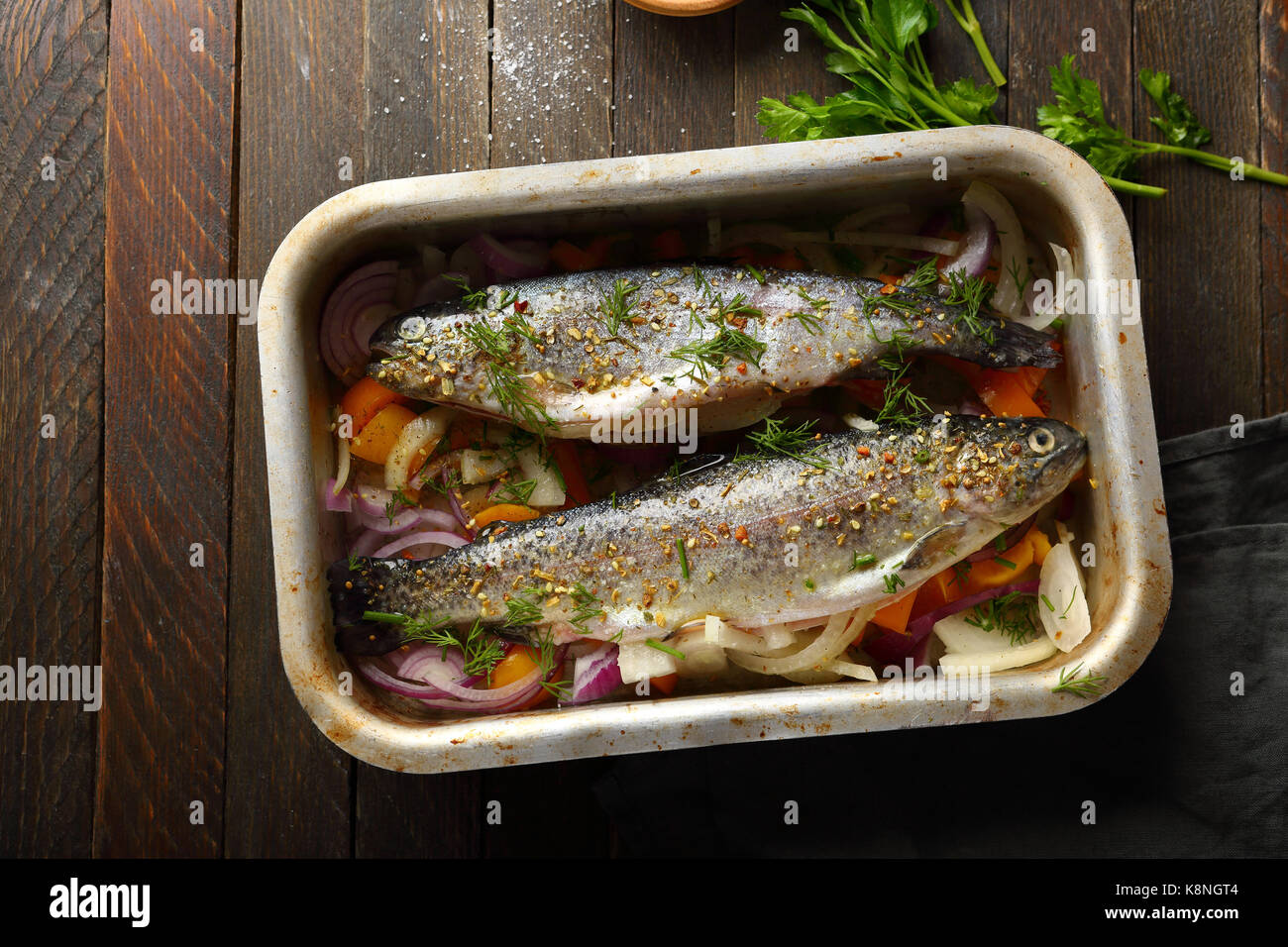 Baked Fish and vegetables, food top view Stock Photo - Alamy
