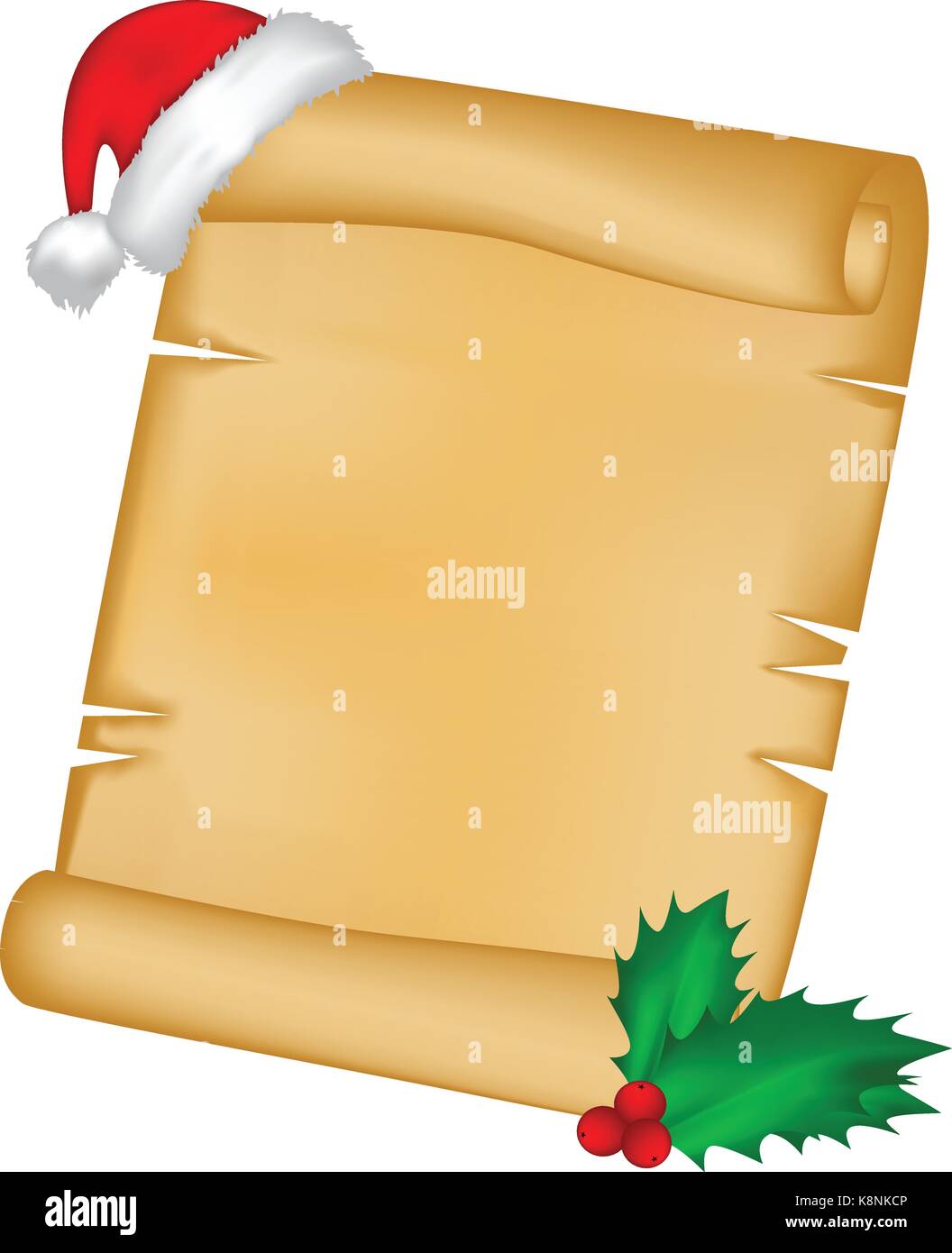 Christmas paper scroll card with santa cap,hat and holly berry. vector ...