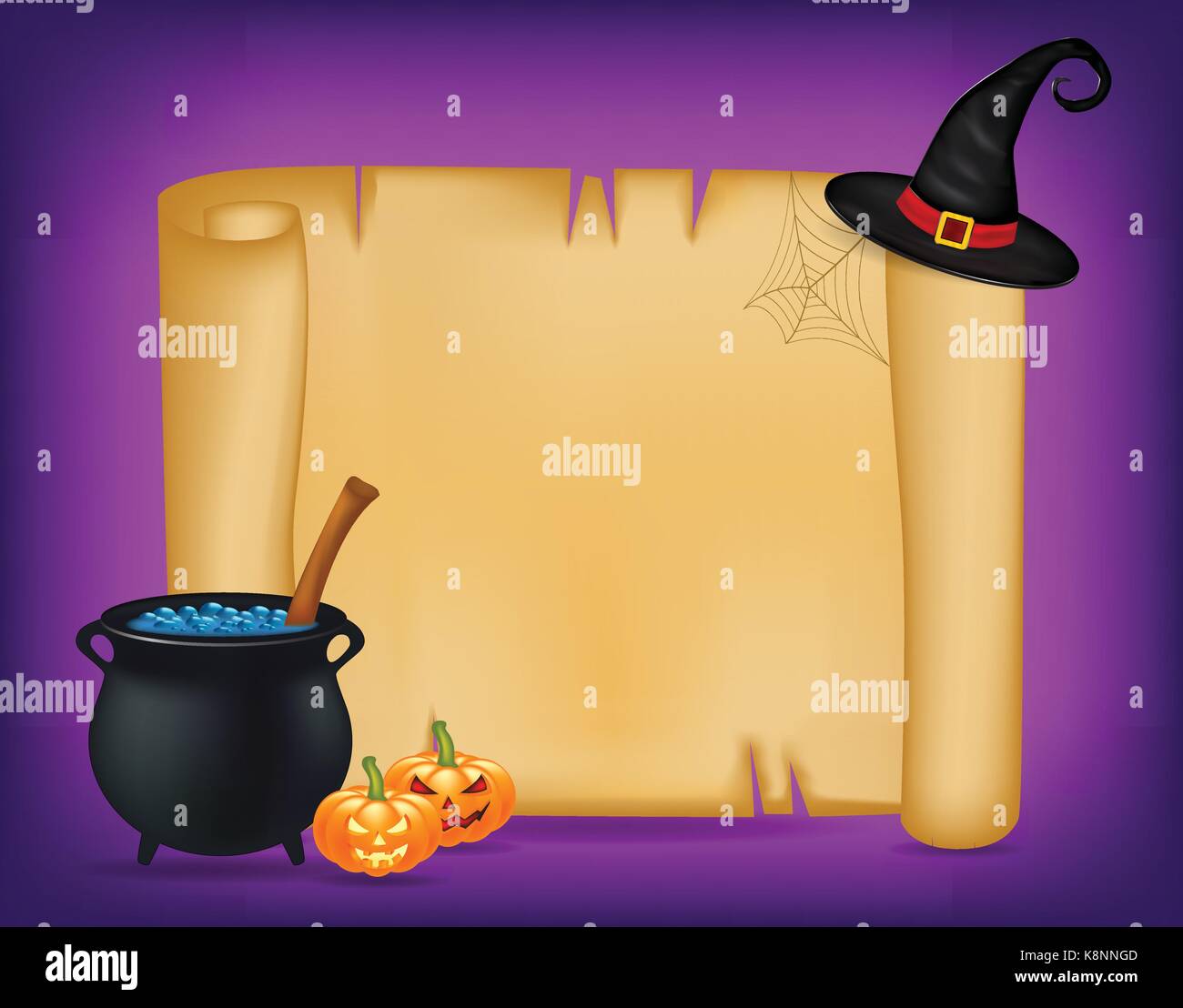 Halloween banner, card with empty paper scroll and witches cauldron ...