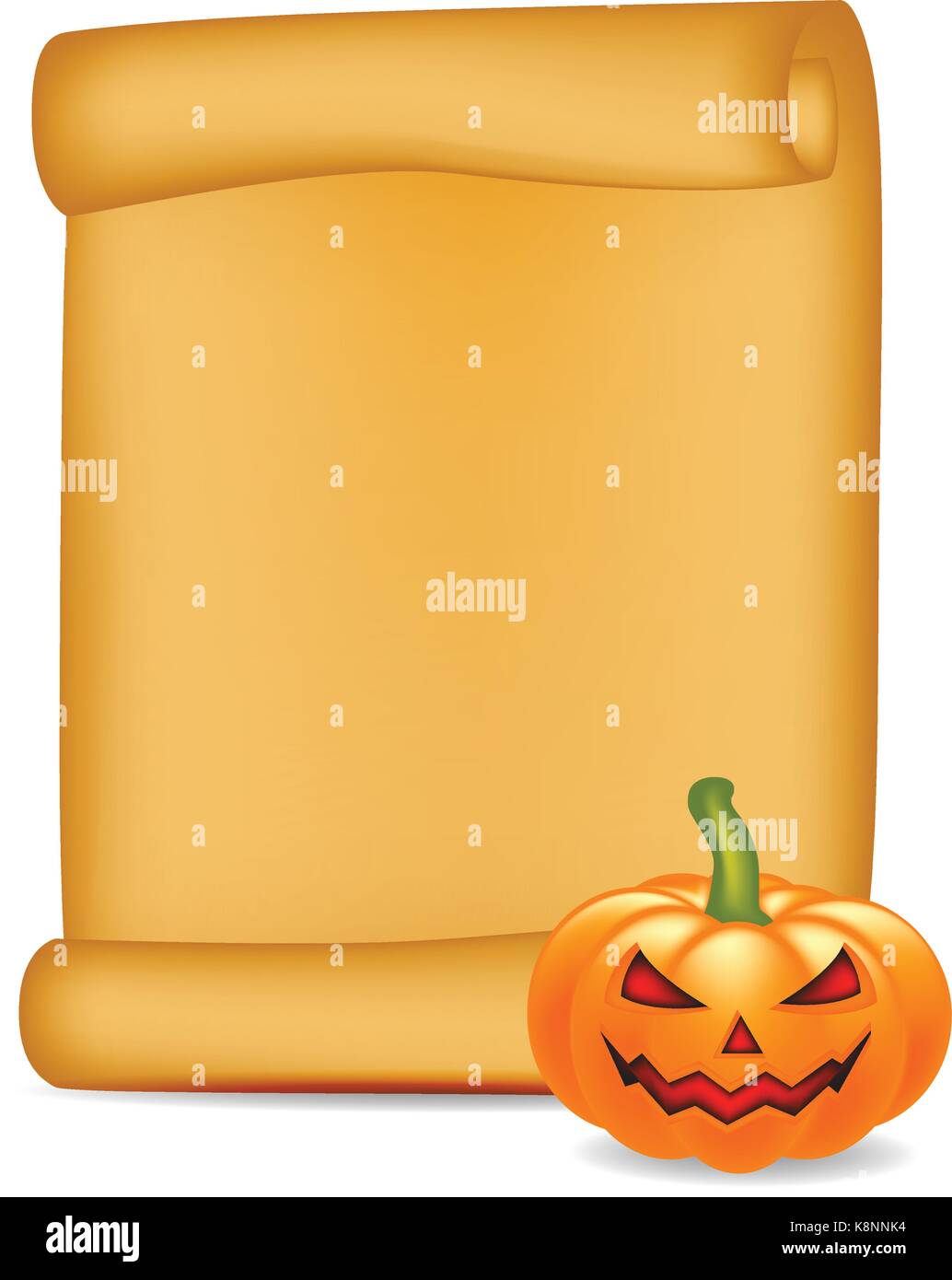 Halloween banner, card with empty paper scroll and pumpkin. Blank ...