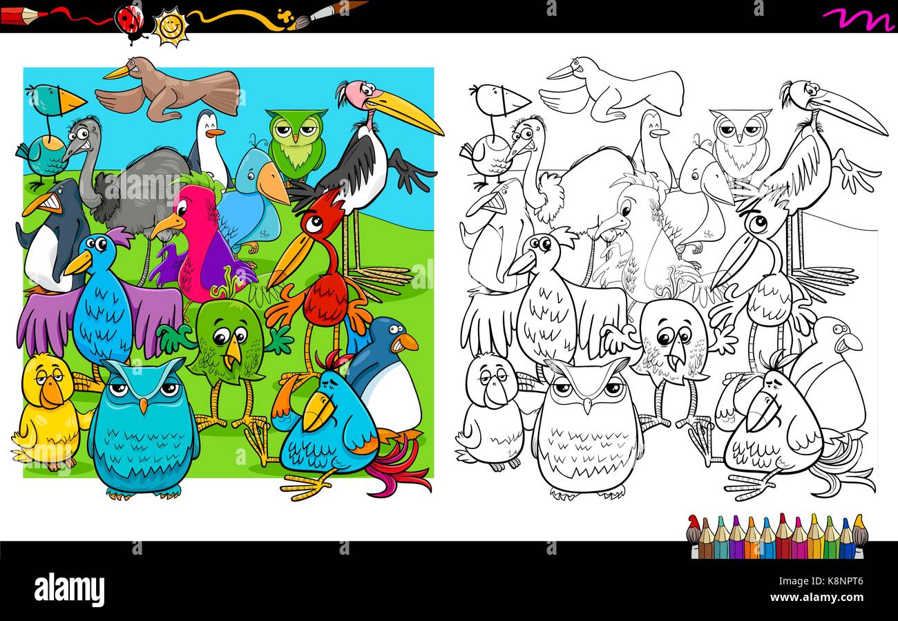 Cartoon Illustration of Birds Characters Group Coloring Book Activity ...