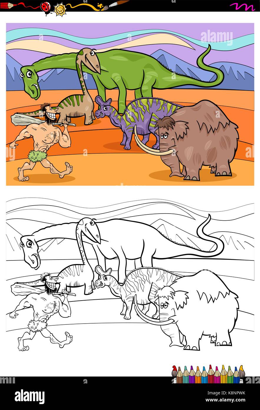 Cartoon Illustration of Prehistoric Characters Group Coloring Book ...