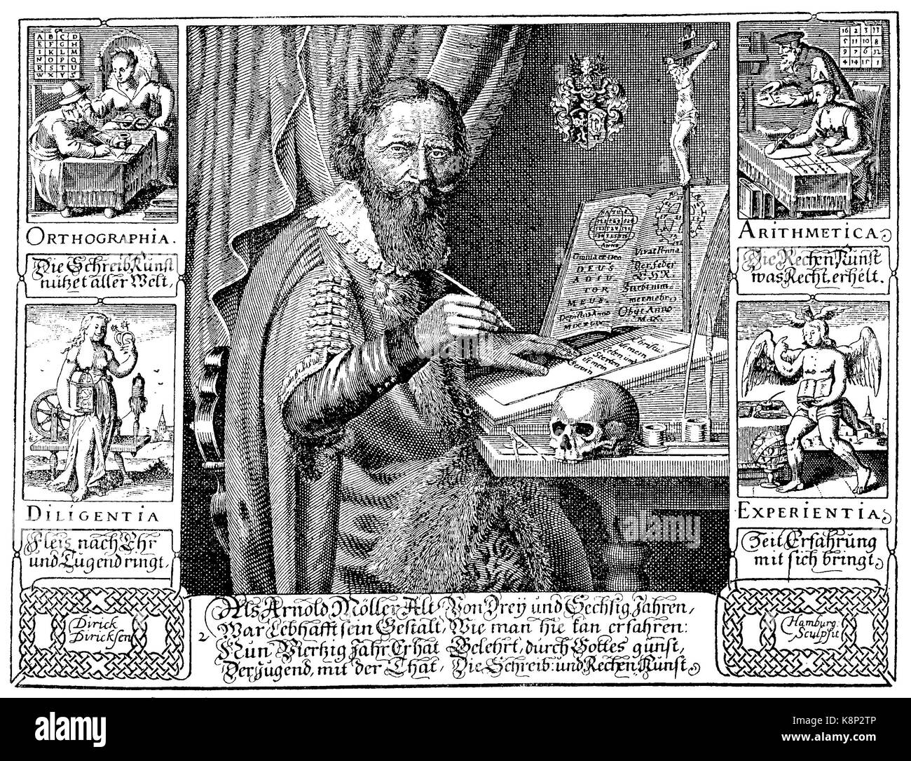 A 17th century writing and calculation teacher at his desk, Ein Schreib ...