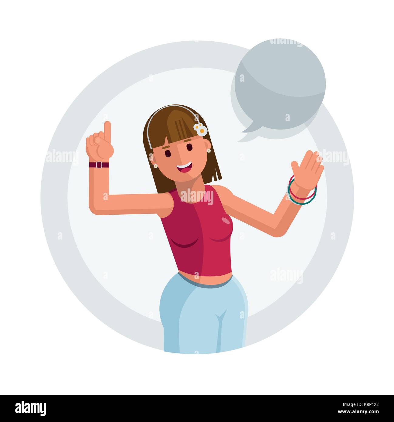 Beautiful brown haired young woman showing and pointing. Vector flat ...