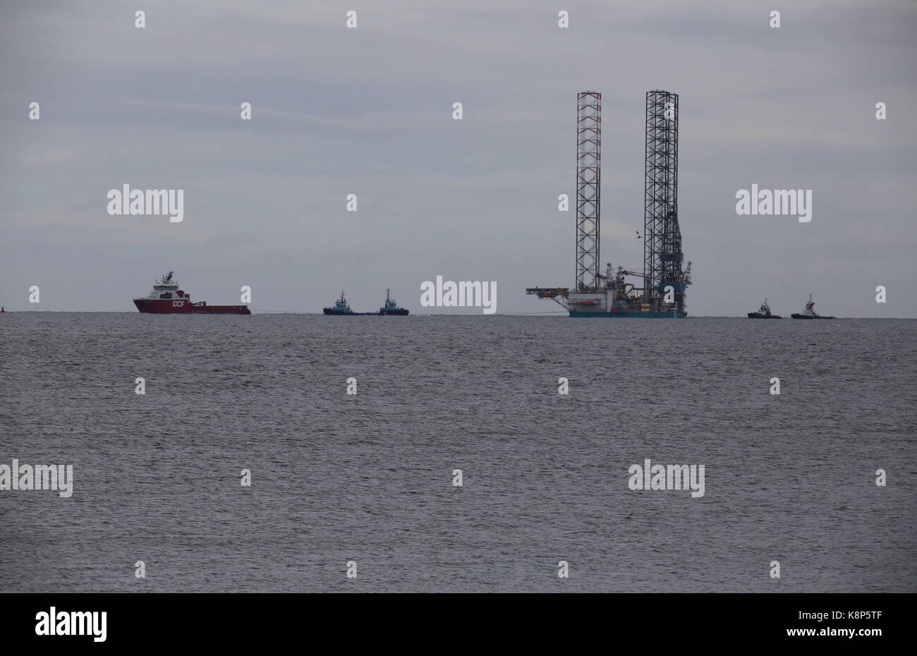 Oil Rig Rowan Stravanger under tow viewed from coast of Angus, Scotland ...