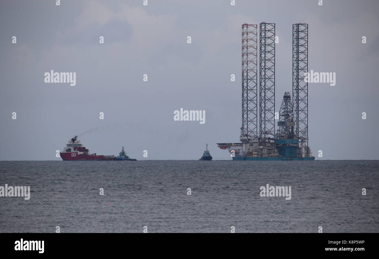 Oil Rig Rowan Stravanger under tow viewed from coast of Angus, Scotland ...