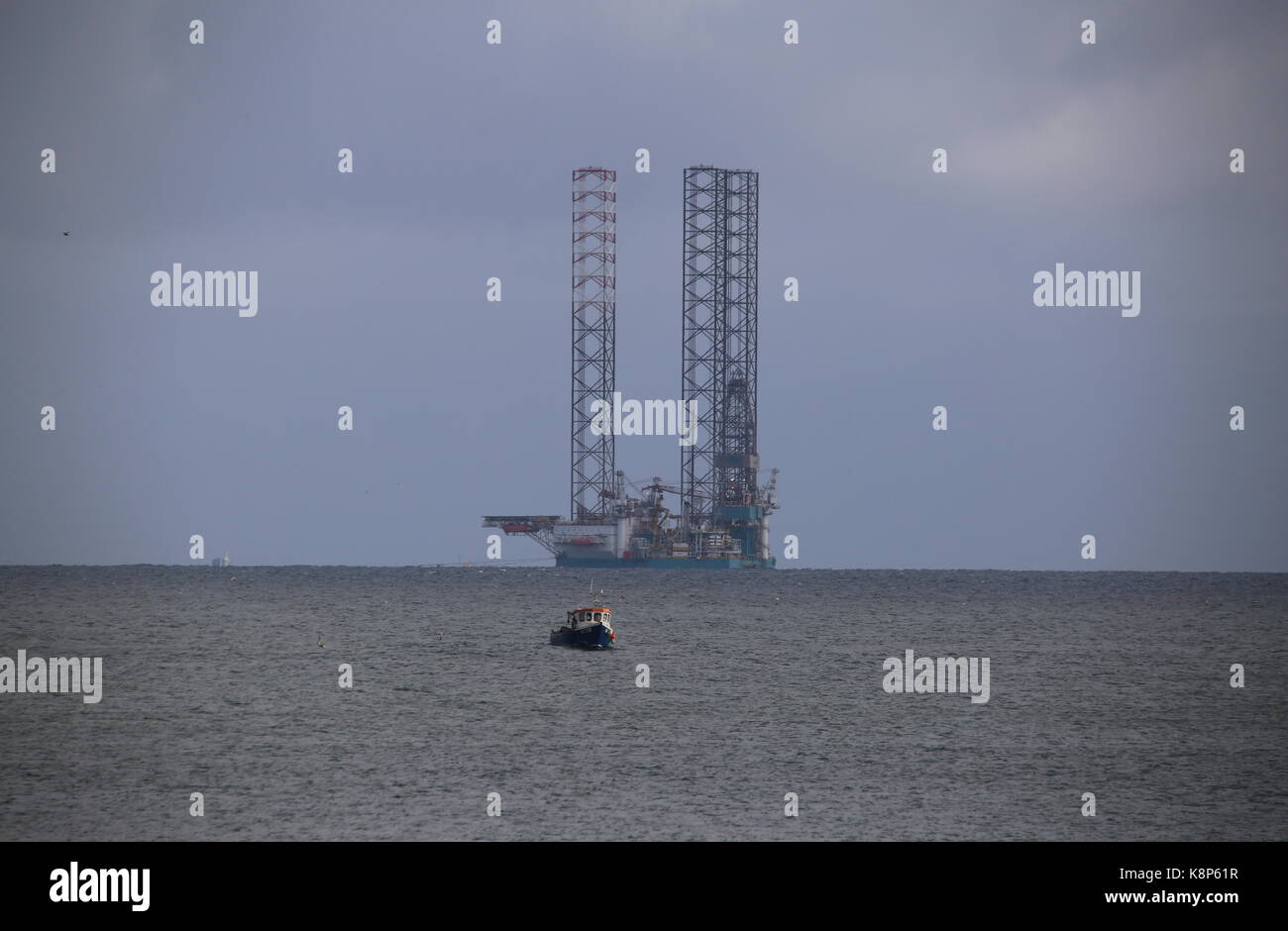 Oil Rig Rowan Stravanger under tow viewed from coast of Angus, Scotland ...