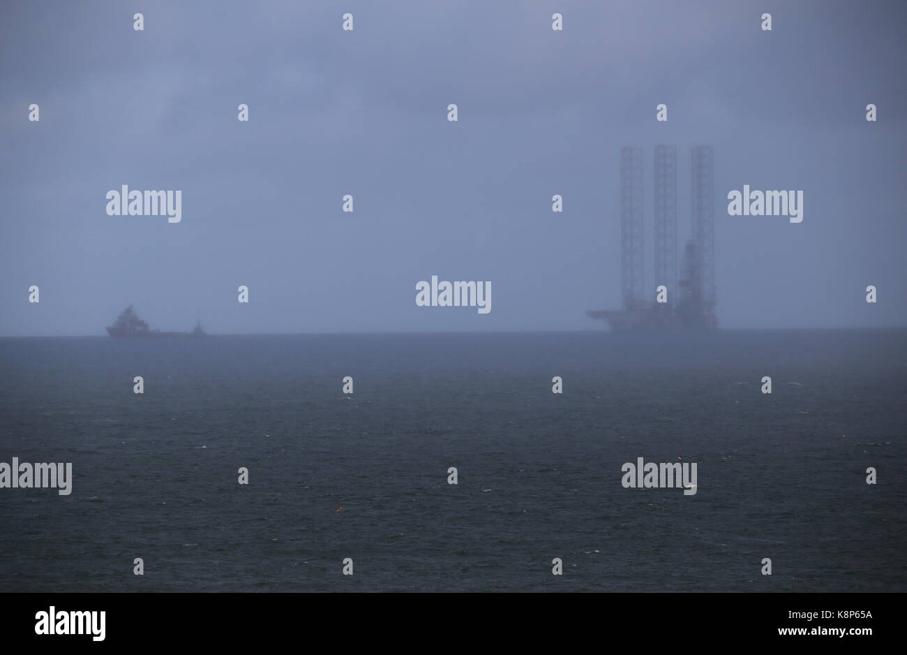Oil Rig Rowan Stravanger under tow viewed from coast of Angus, Scotland ...