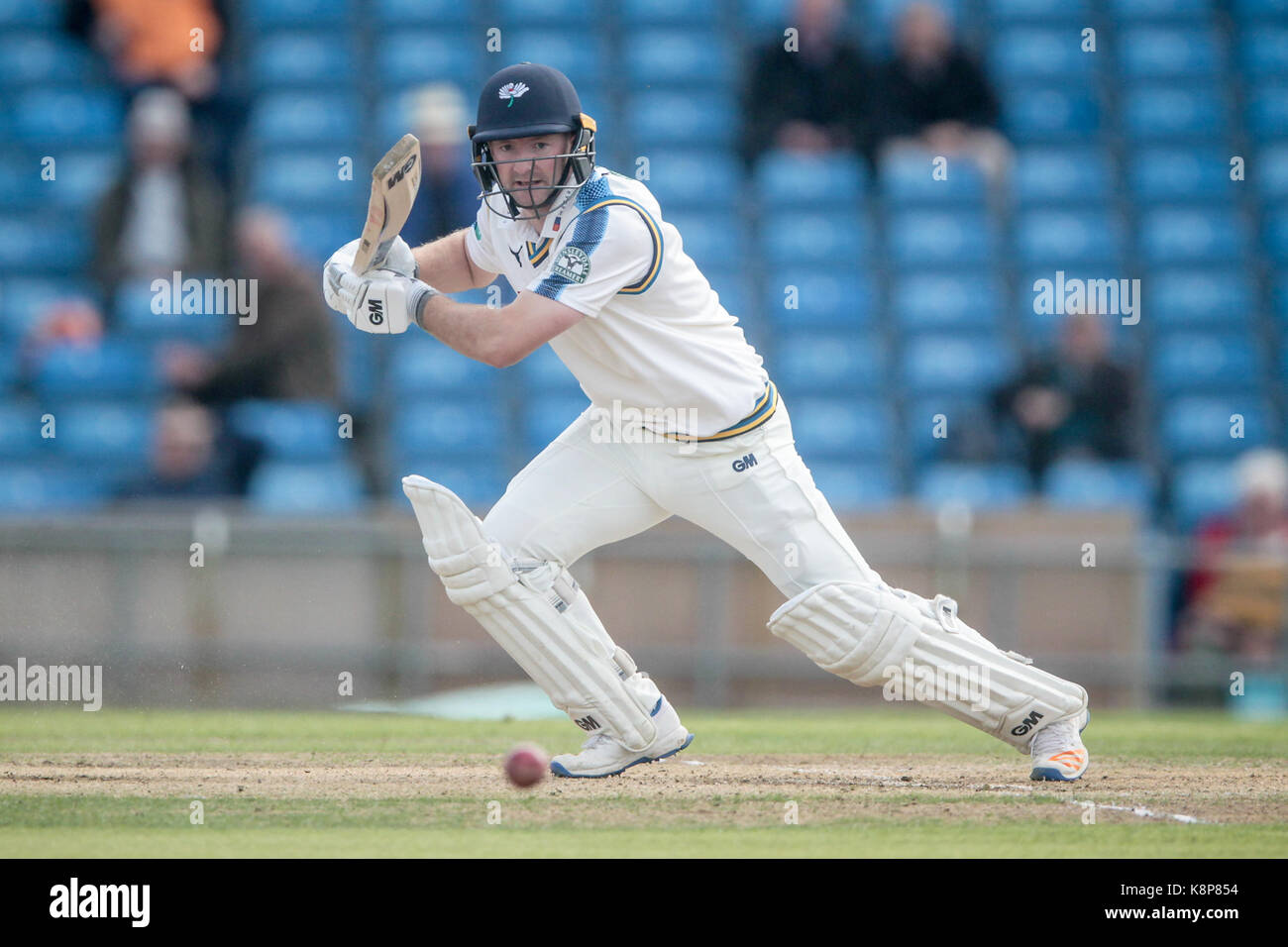 Leeds, UK. 20th Sep, 2017. Adam Lyth (Yorkshire CCC) hits his half ...