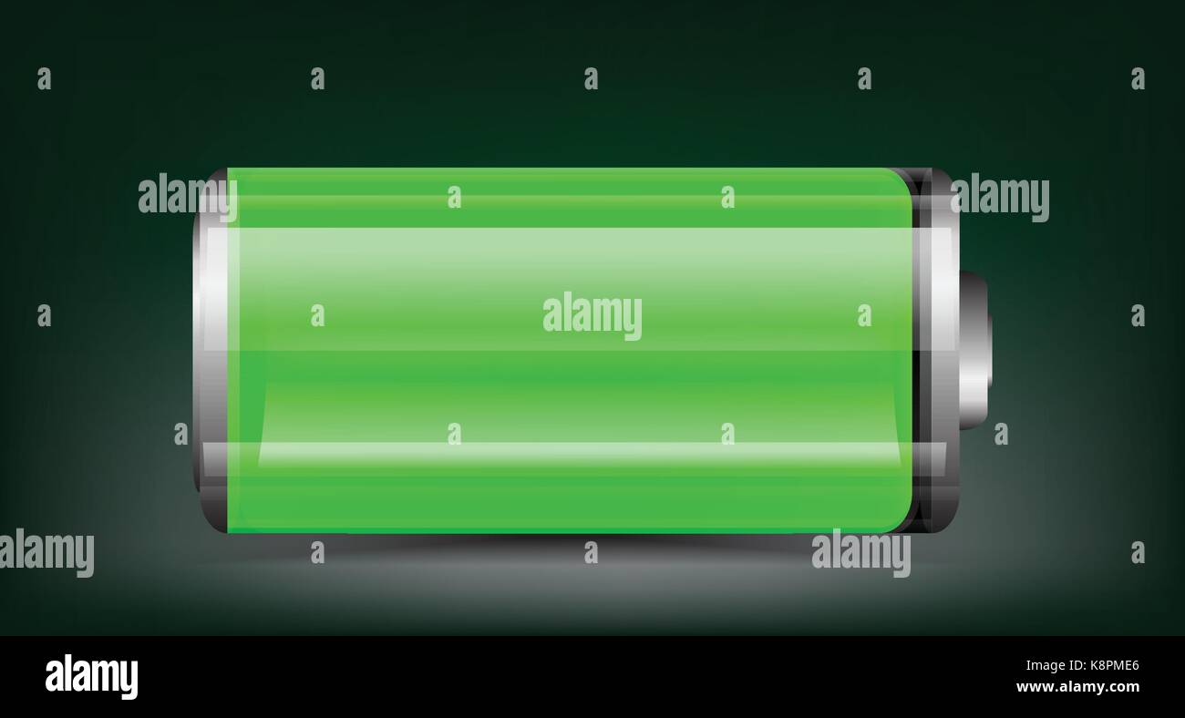 Vector transparent battery illustration. Full green battery on dark ...