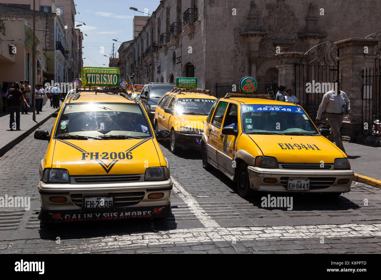 Yellow Taxis in Plaza de Armas, Arequipa, Peru, South America Stock ...