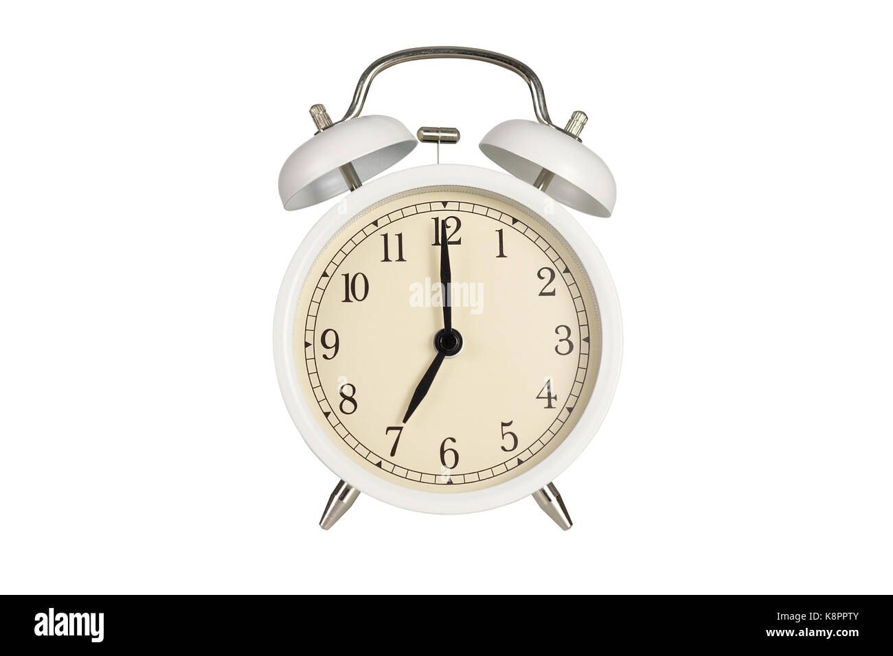 White alarm clock isolated on white background Stock Photo - Alamy