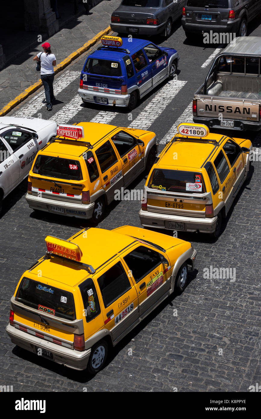 Yellow Taxis in Plaza de Armas, Arequipa, Peru, South America Stock ...