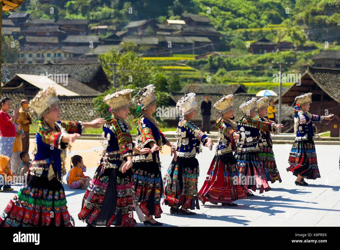 Xijiang, China - September 15, 2007: Miao women dancing in full ...