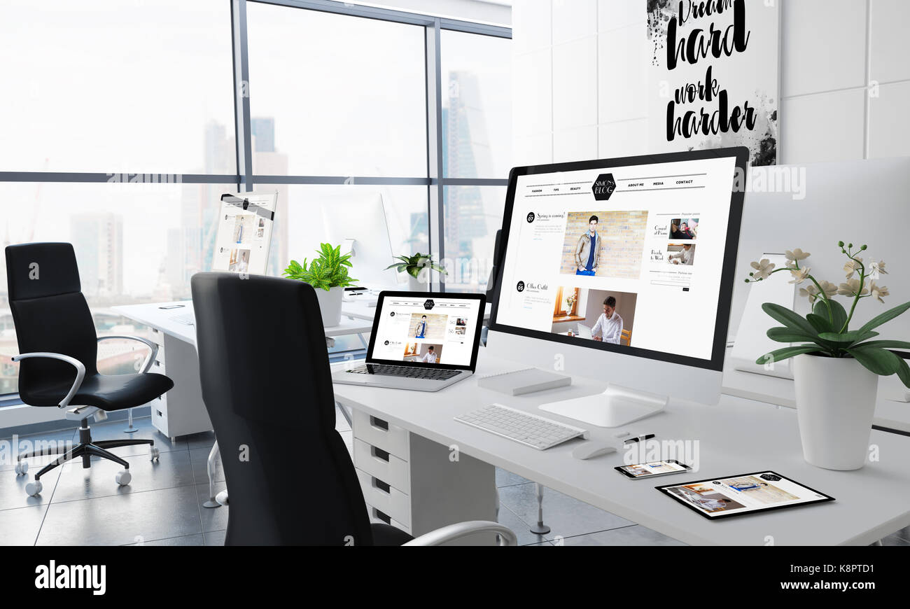 office desktop 3d rendering with blog on screen Stock Photo - Alamy