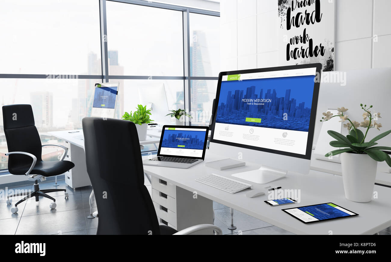 office desktop 3d rendering with modern website design on screen Stock ...