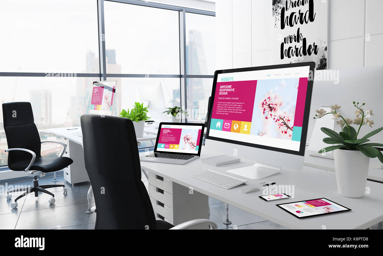 office desktop 3d rendering with awesome responsive website design on ...