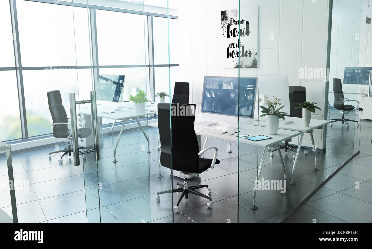 office interior 3d rendering with desktops and computers Stock Photo ...