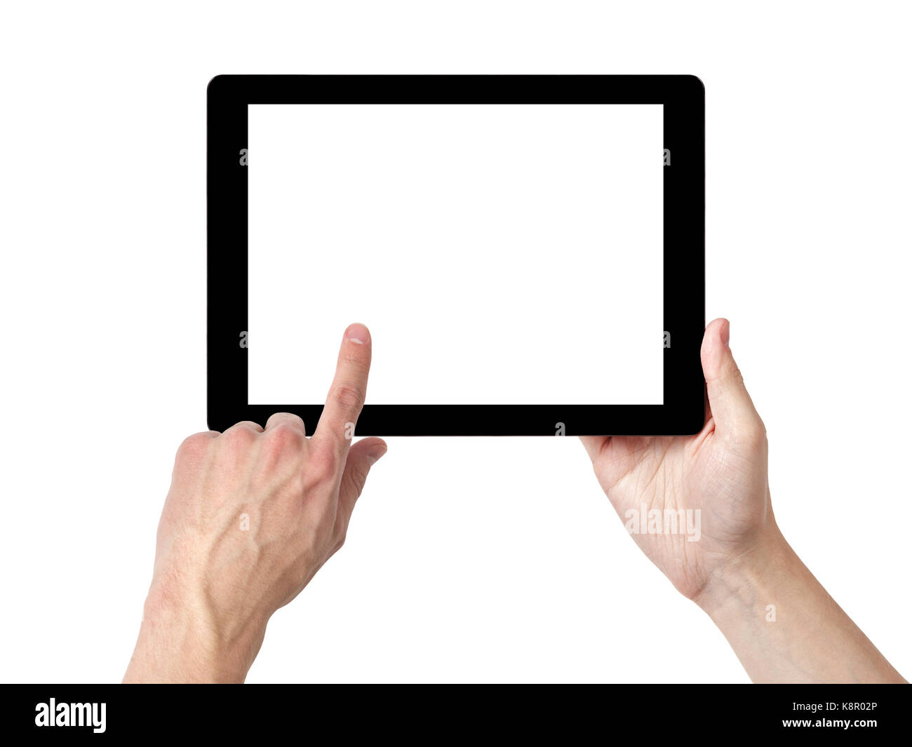 adult man hands using tablet pc with white screen Stock Photo - Alamy