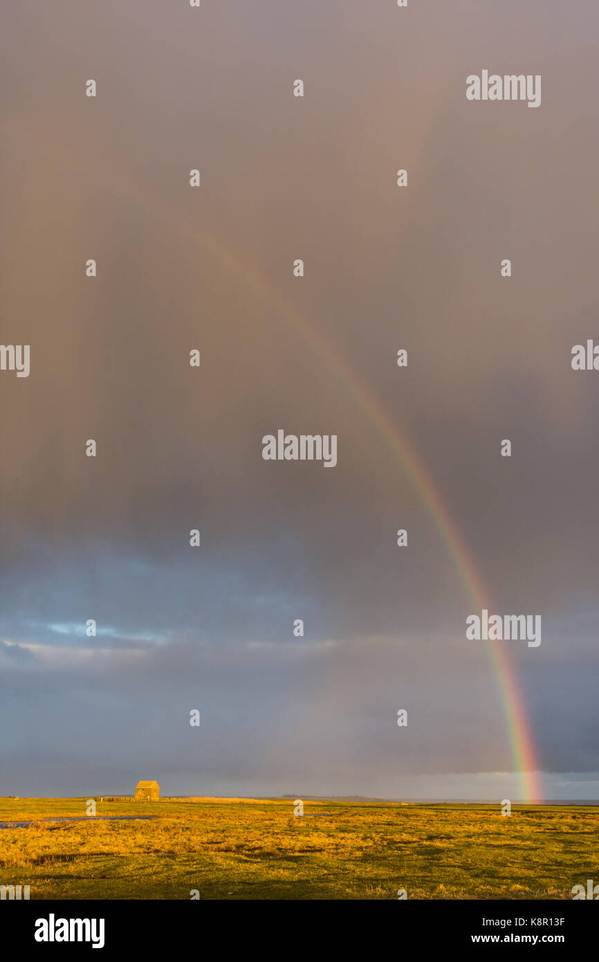 Rainbow and receding storm clouds over barn and grazing marsh, Elmley ...