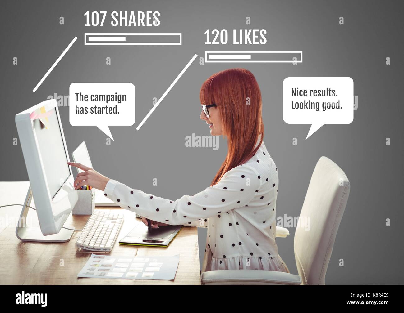 Digital composite of Woman on computer campaign with shares and likes ...