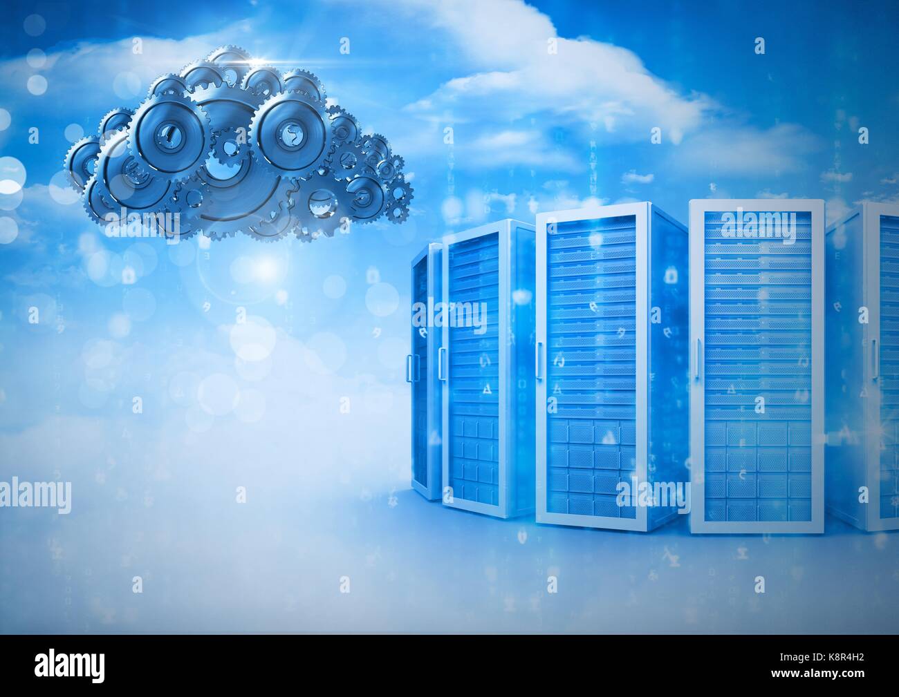 Digital composite of 3D cog gears cloud with servers in background ...