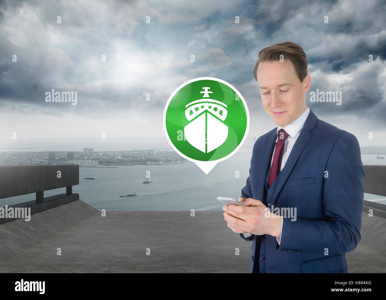 Digital composite of Man holding phone with ship icon by sea Stock ...