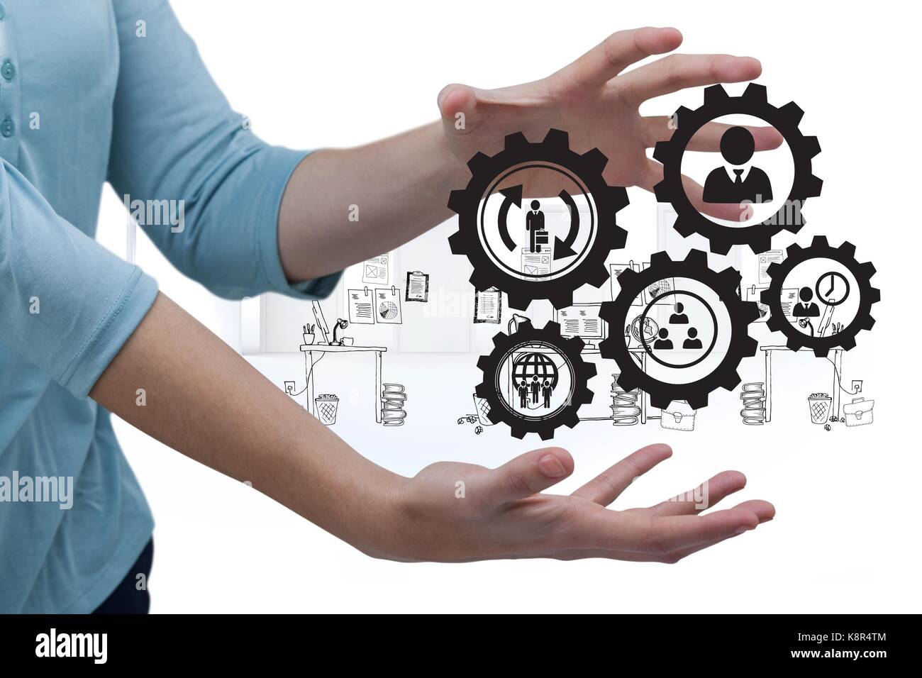 Digital composite of Business woman interacting with people in cogs ...