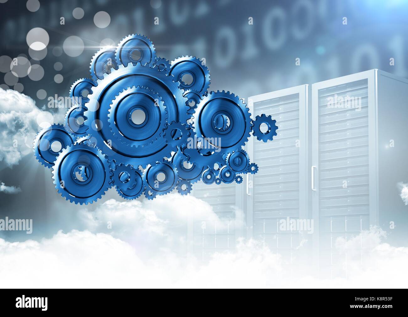 Digital composite of 3D cog gears cloud with servers in background ...