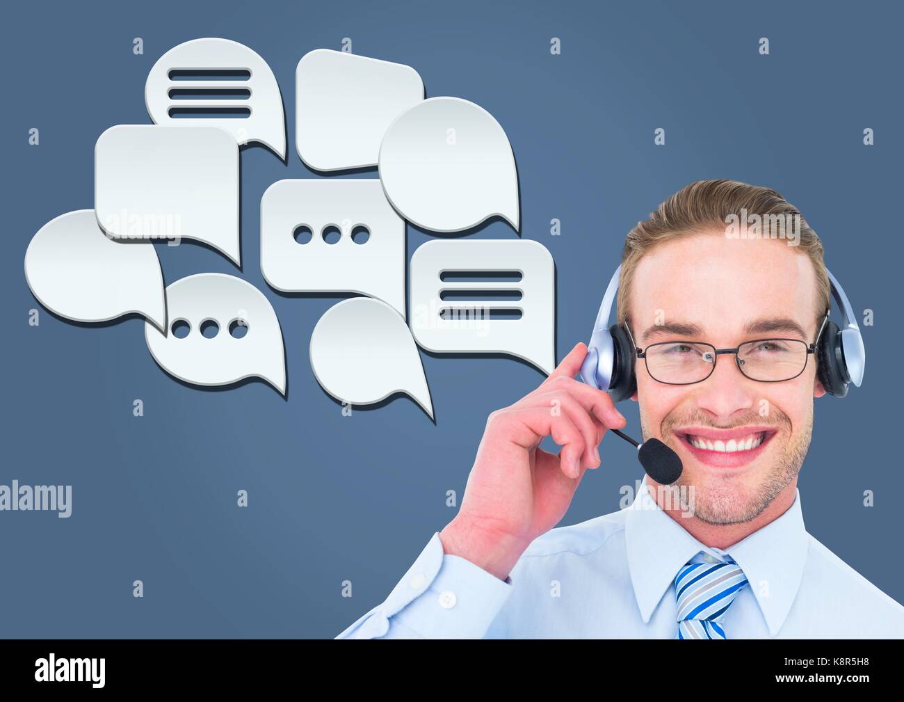 Digital composite of Customer care service man with chat bubbles Stock ...