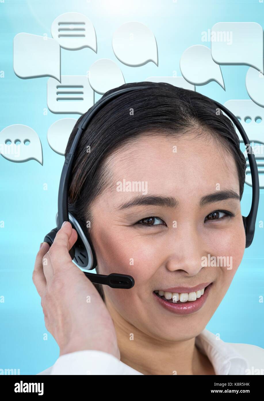 Digital composite of Customer care service woman with chat bubbles ...