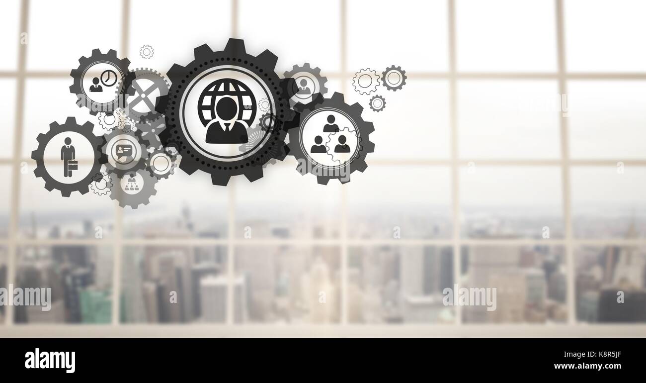 Digital composite of People in cogs graphics against office background ...