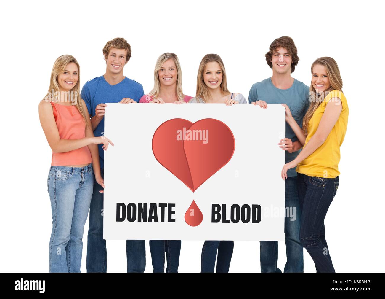 Digital composite of Students holding a sign with donate blood text ...