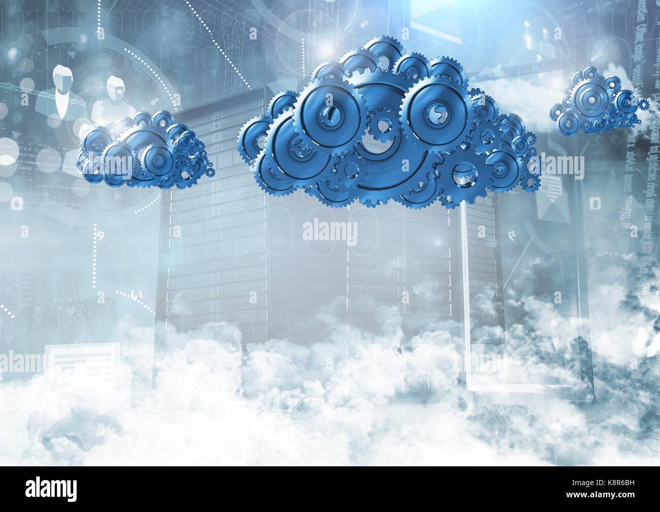 Digital composite of 3D cog gears clouds with servers in background ...