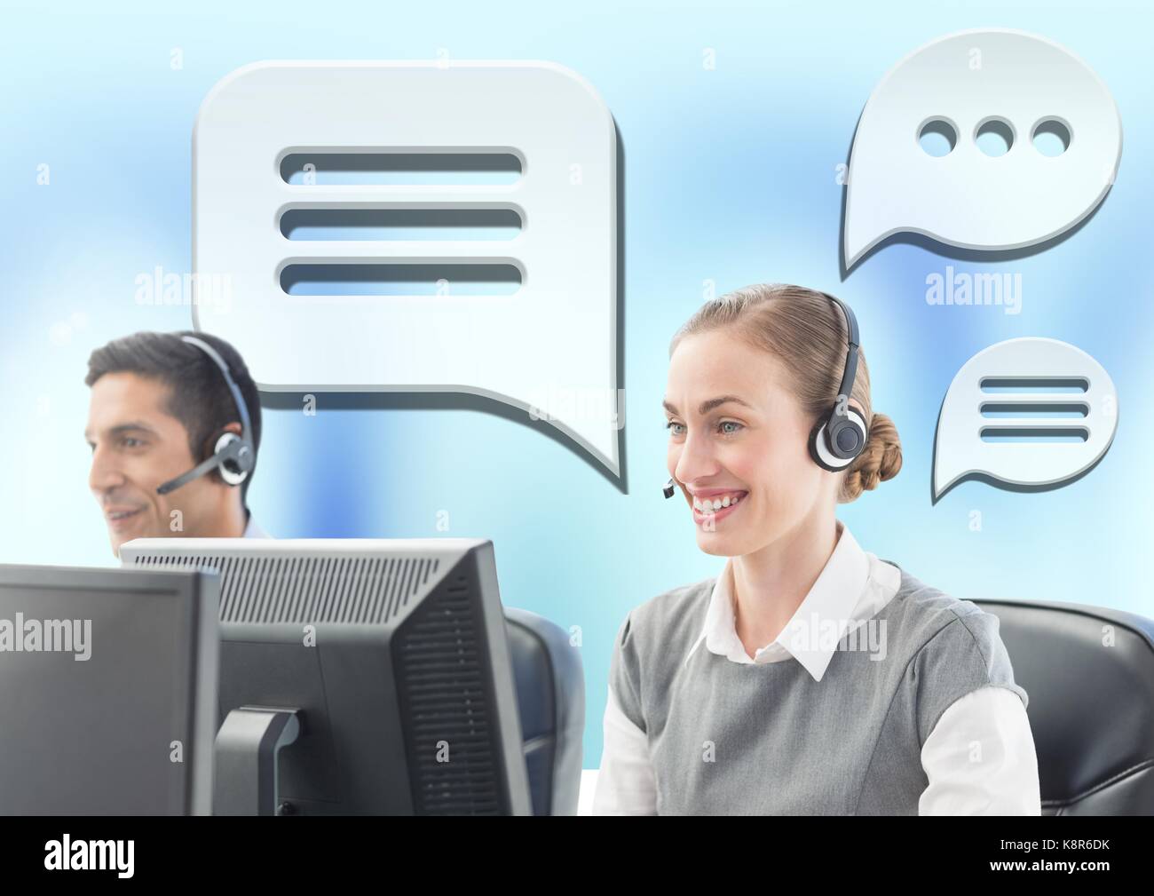 Digital composite of Customer care service people with chat bubbles ...