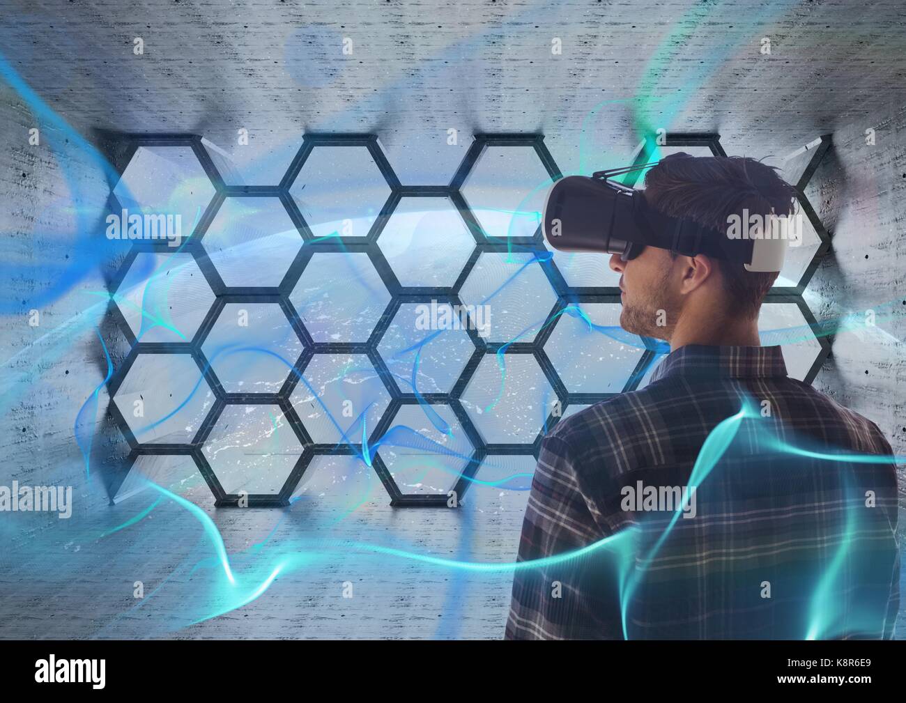 Digital composite of Man with vr in space room Stock Photo - Alamy