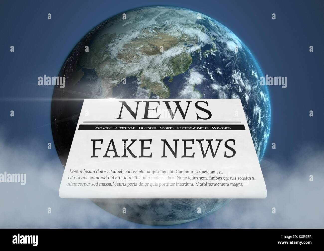 Digital composite of Fake news text on newspaper over planet earth ...