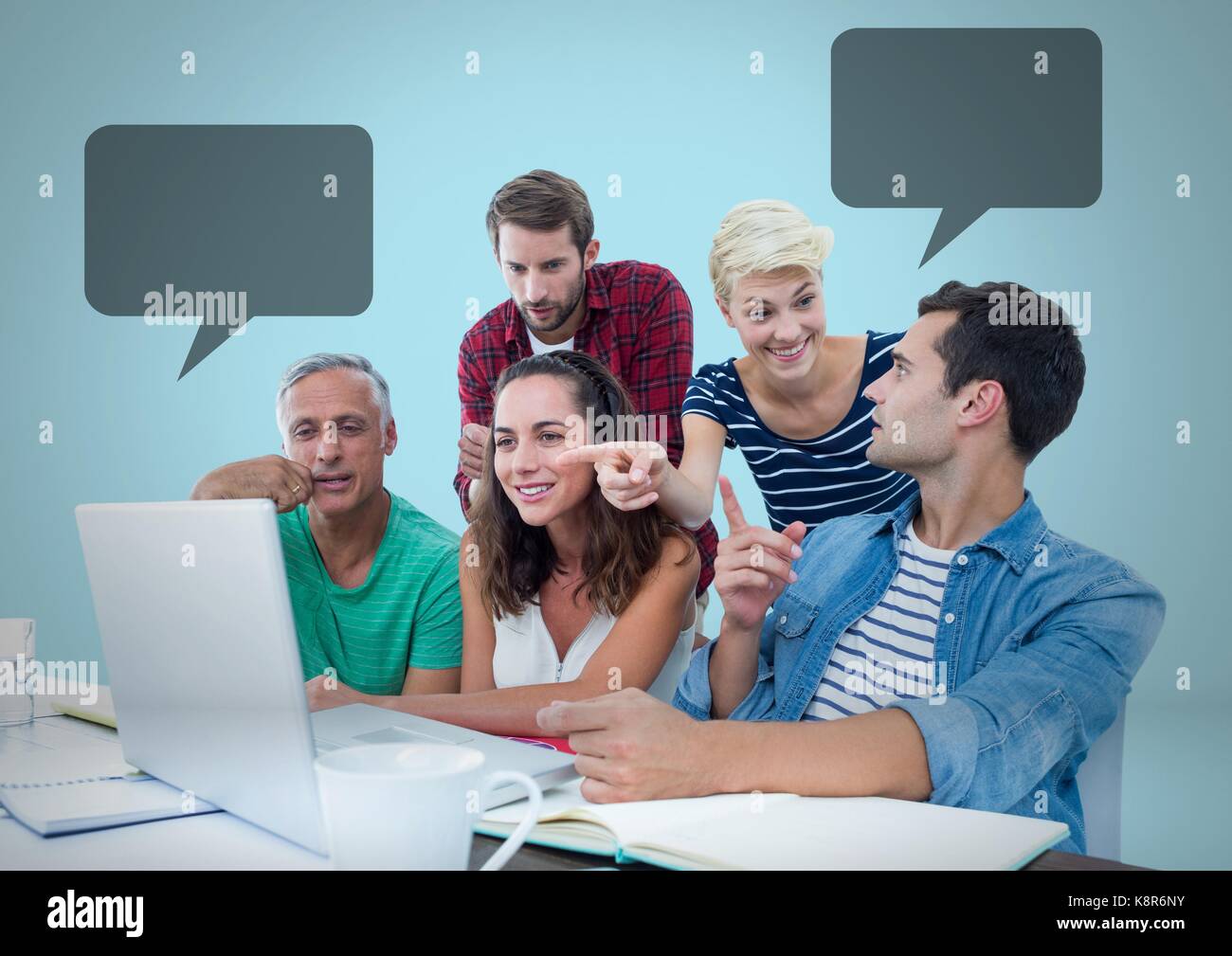 Digital composite of People working in office with empty chat bubbles ...
