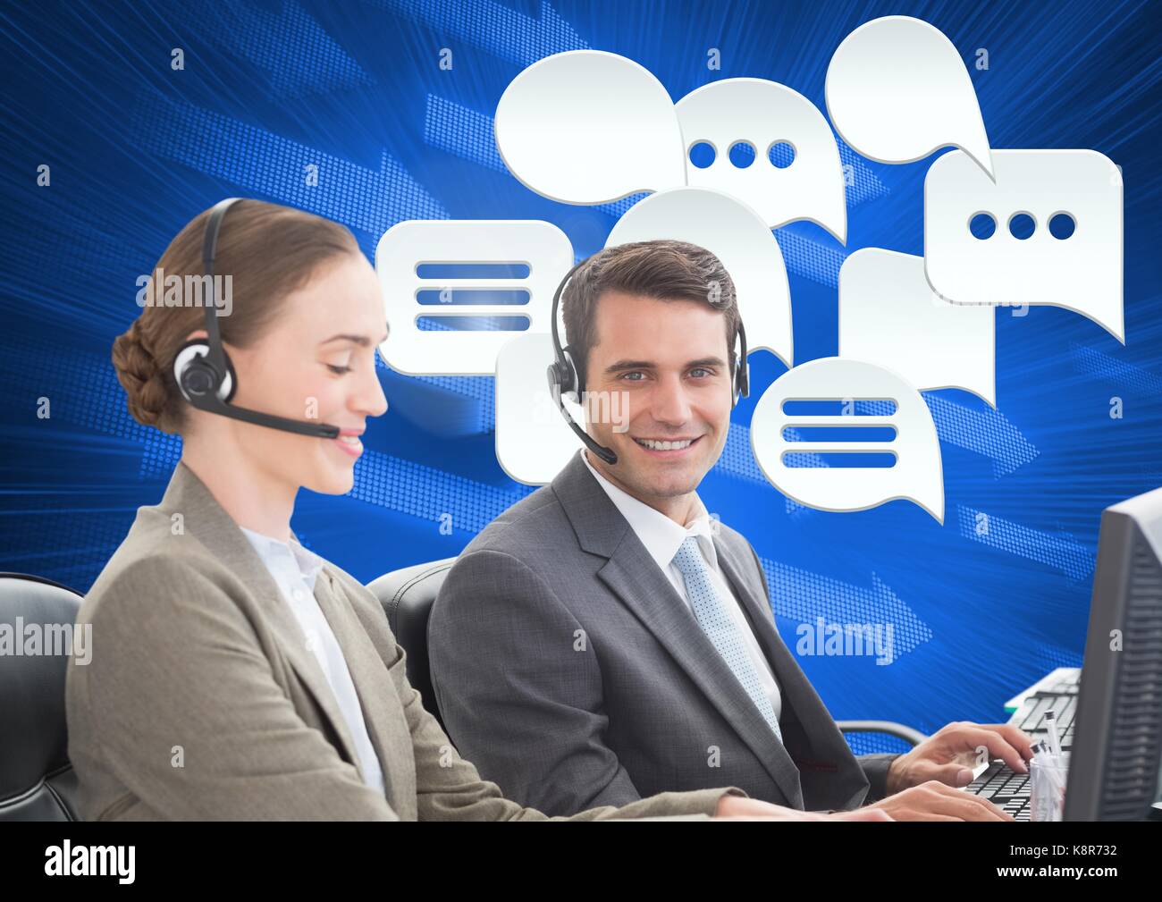 Digital composite of Customer care service people with chat bubbles ...