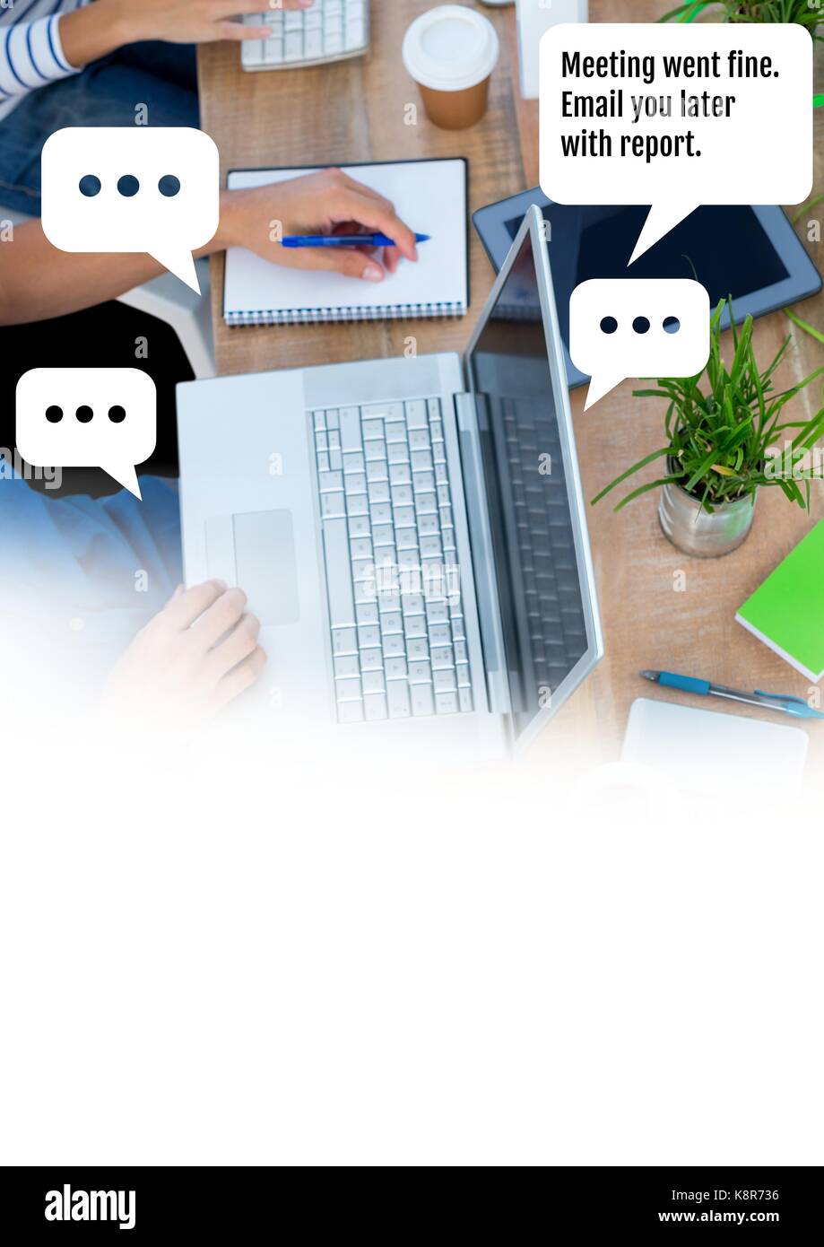 Digital composite of People working in office on desk with chat bubbles ...