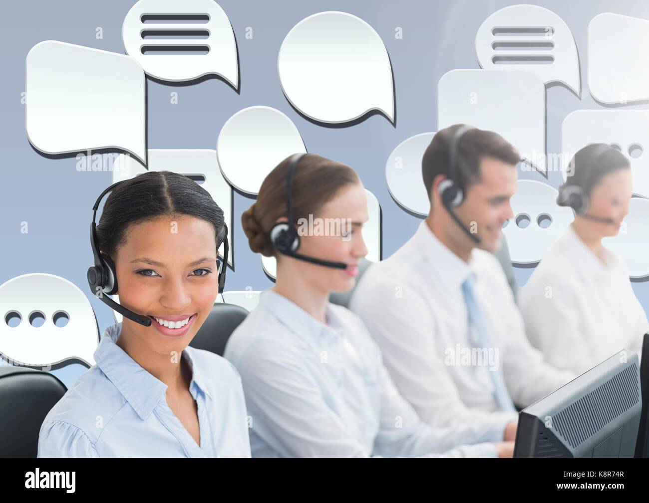 Digital composite of Customer care service people with chat bubbles ...