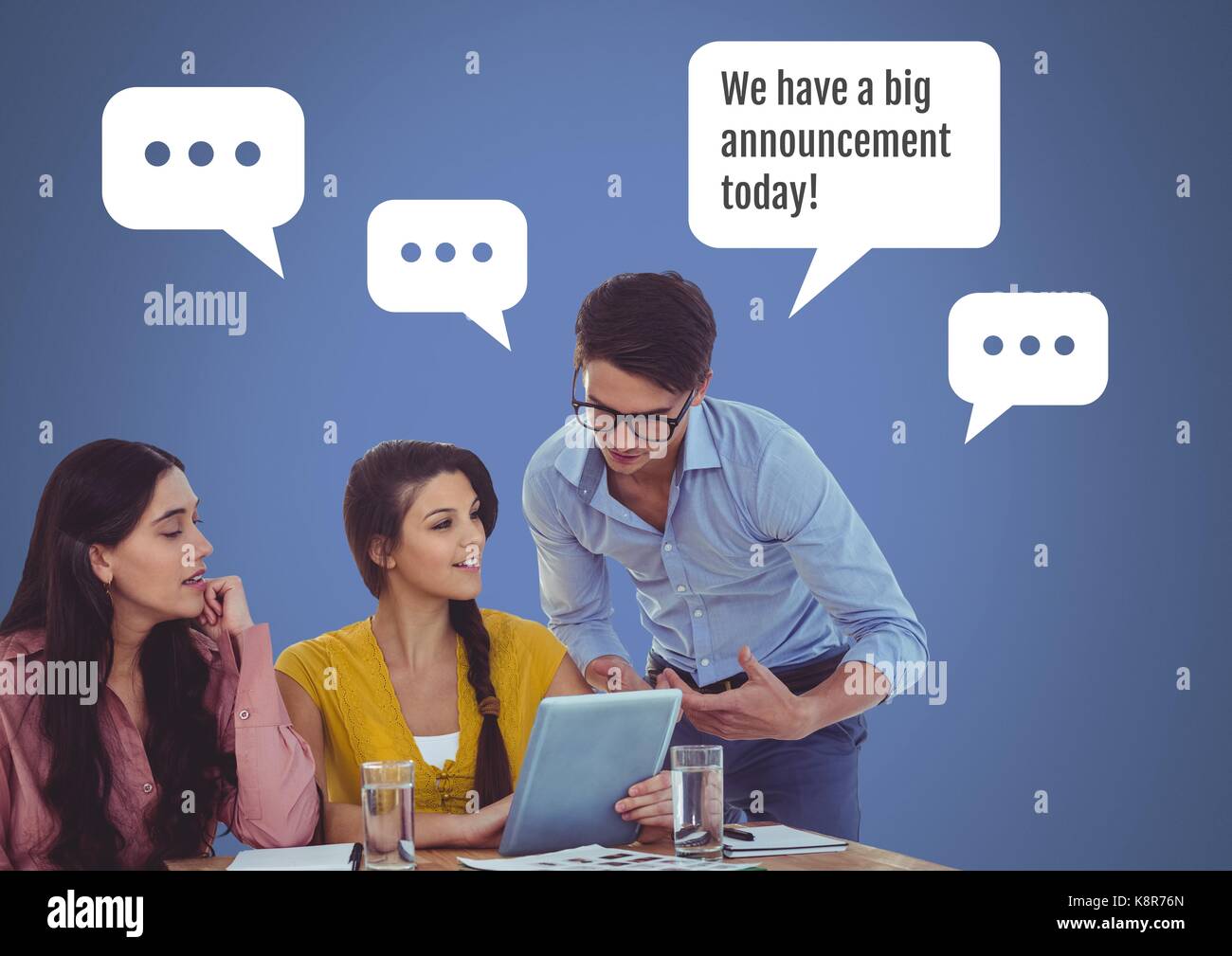 Digital composite of People on tablet with big announcement chat ...