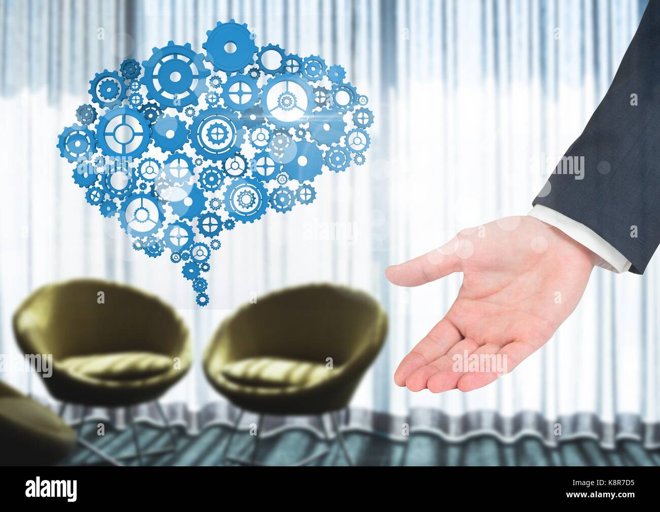 Digital composite of Open hand invited you to sit down on seats with ...