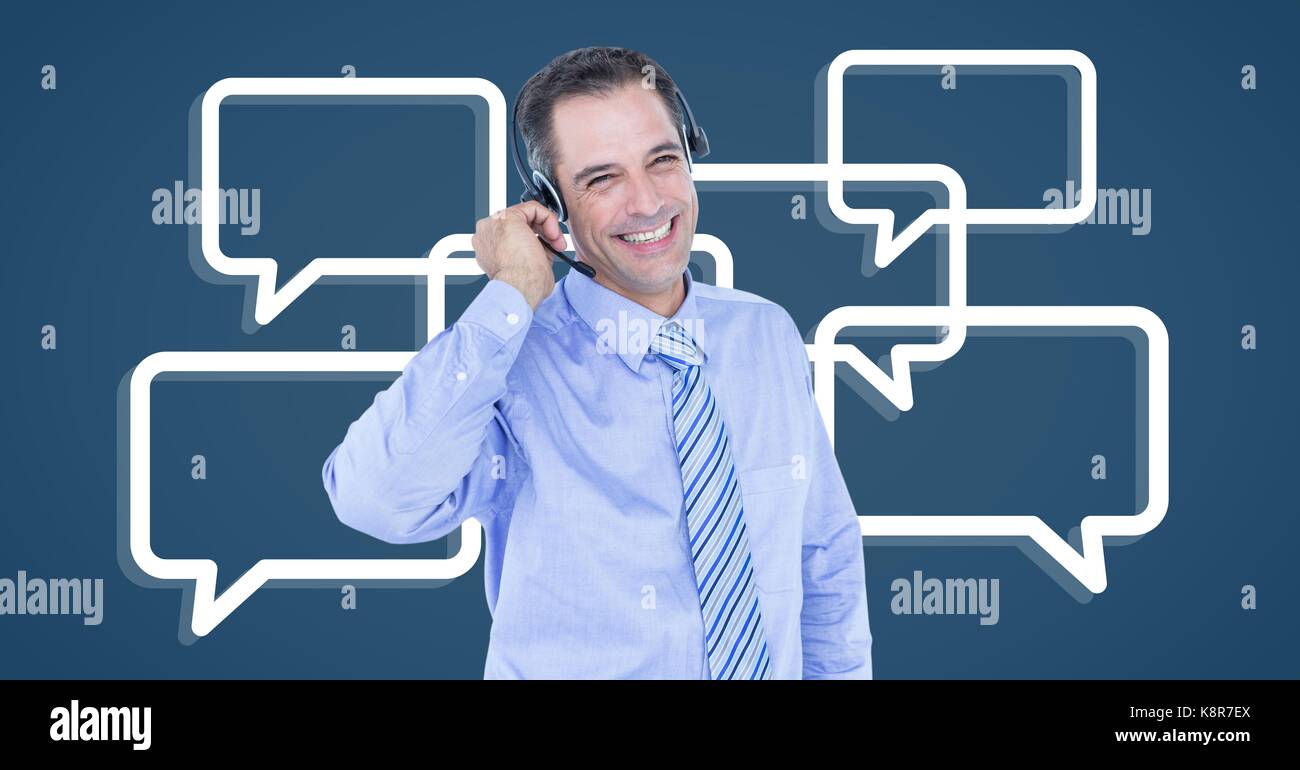 Digital composite of Happy customer care assistant man against customer ...